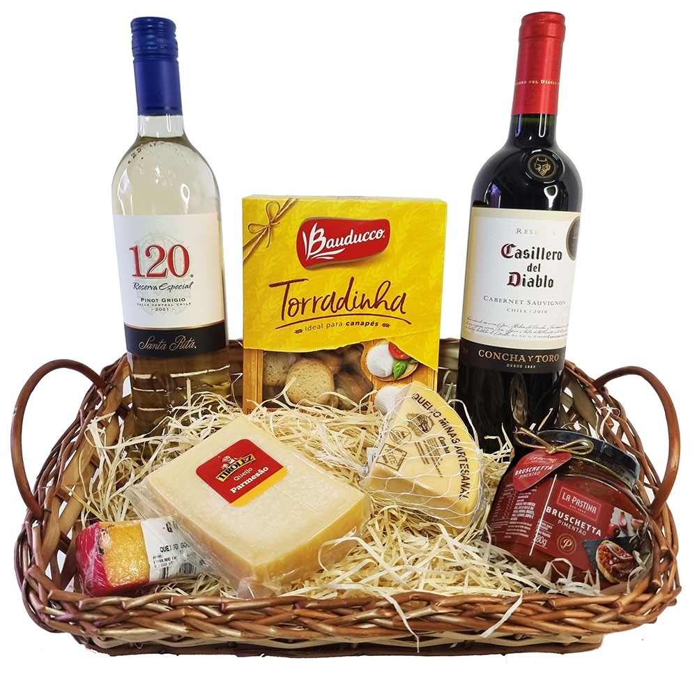 Kit para presente com Vinhos Tinto e Branco, Queijos e Aperitivos | Uniflores